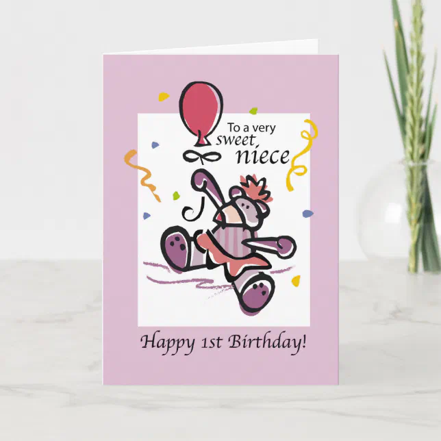 Niece 1st Birthday Bear Balloon Card | Zazzle