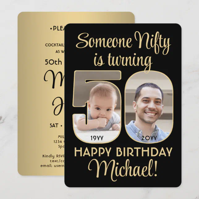 Nifty Fifty Black & Gold 50th Birthday Party Photo Invitation | Zazzle