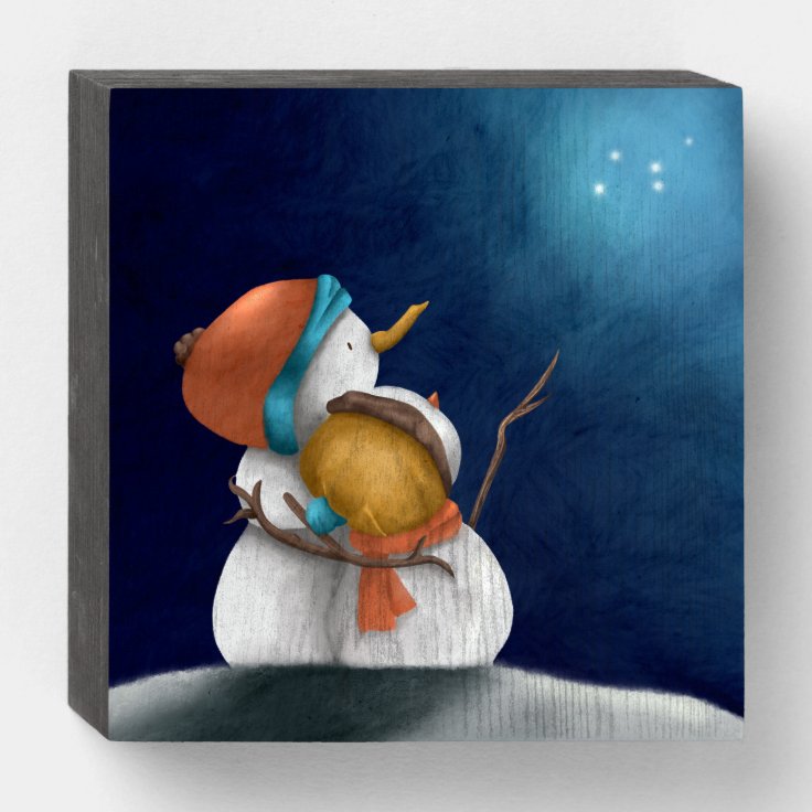 Night Blue Sky Snowmen Couple Hugging Winter Decor Wooden Box Sign | Zazzle