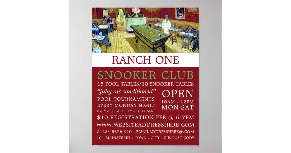 Night Café, Van Gogh, Pool Club, Snooker Club Poster | Zazzle