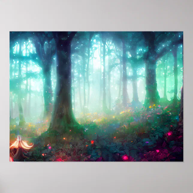 Night Green Mythical Forest - Dreamy Fantasy Art Poster | Zazzle