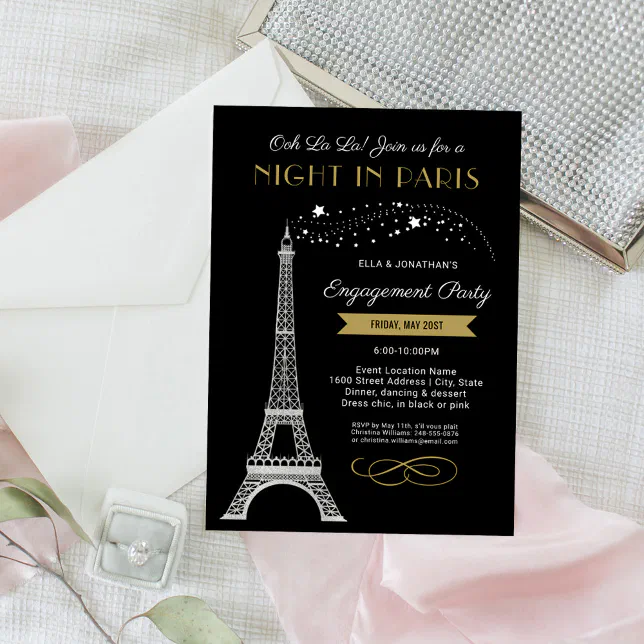 Night in Paris Eiffel Tower Gold Engagement Party Invitation | Zazzle