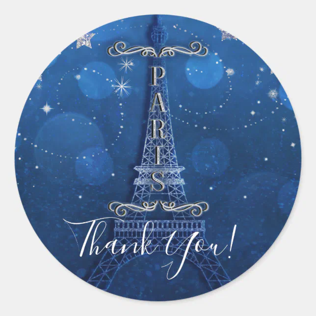 Night In Paris Under the Stars Blue Silver Party Classic Round Sticker ...