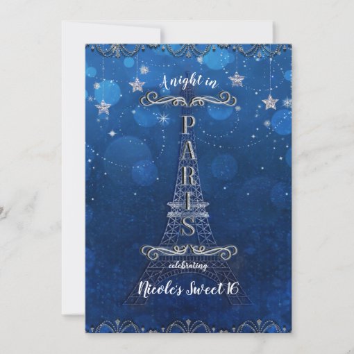 Night In Paris Under the Stars Blue Silver Party Invitation | Zazzle