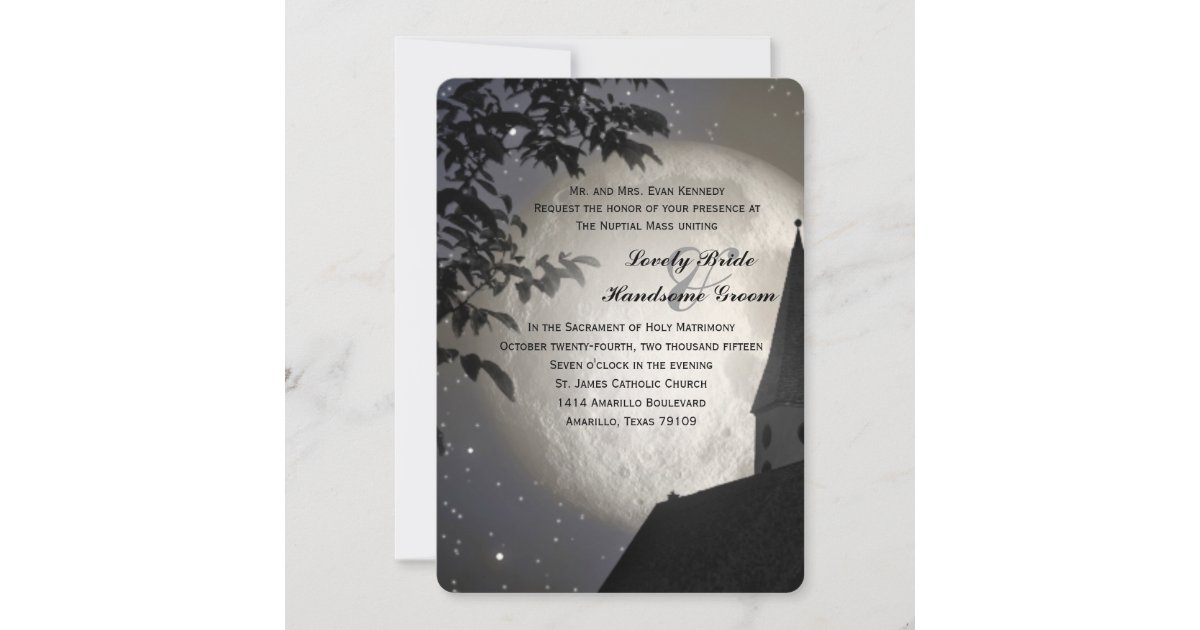 Night Moon Country Church Catholic Wedding Invitation | Zazzle