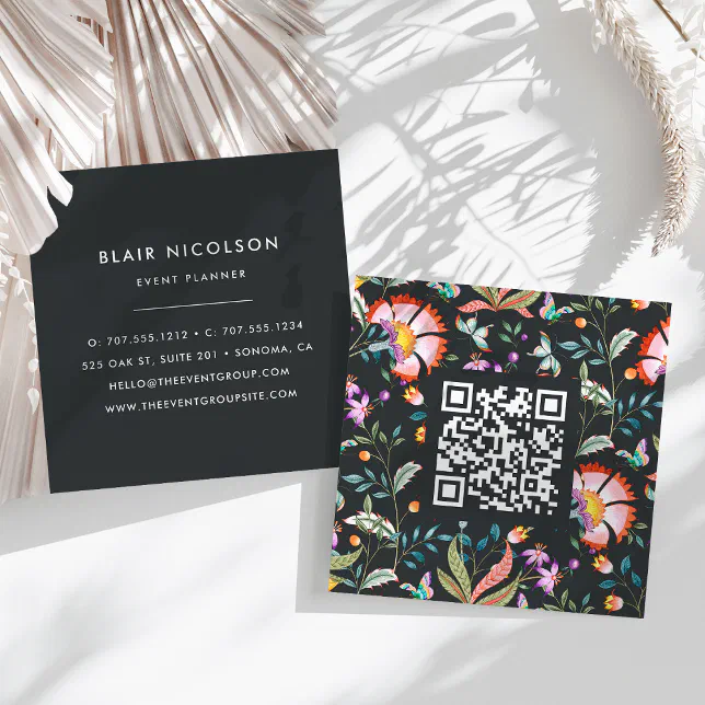 Night Oasis | Floral Pattern QR Code Square Business Card | Zazzle