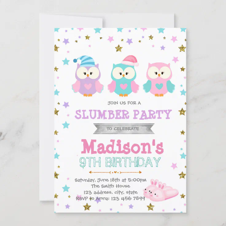 Night owl sleepover party birthday invitation | Zazzle