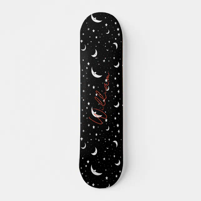 Night Sky Black Cartoon Moons Stars Pattern Skateboard | Zazzle