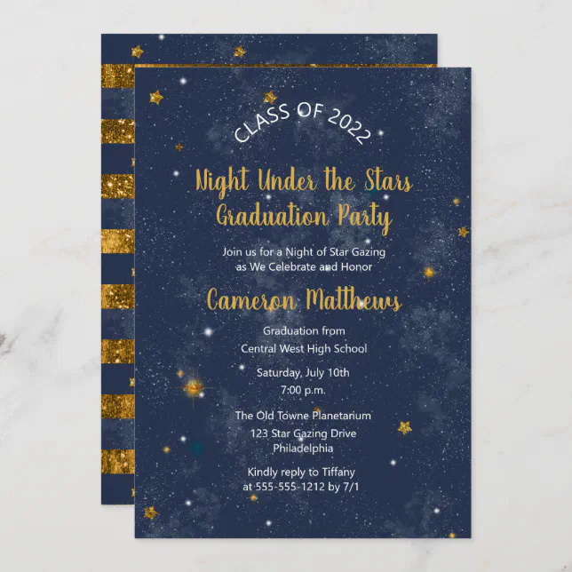 Night Under the Stars Blue | Gold Graduation Party Invitation | Zazzle