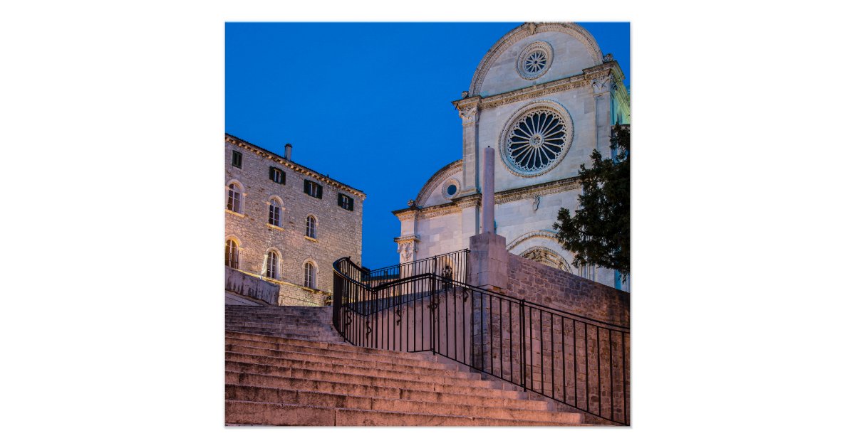 Night view of stairs and church in Split, Croatia Poster | Zazzle