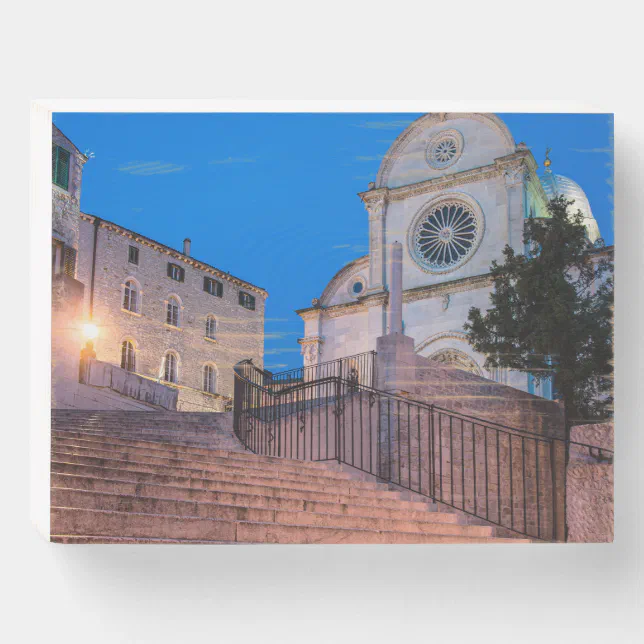 Night view of stairs and church in Split, Croatia Wooden Box Sign | Zazzle
