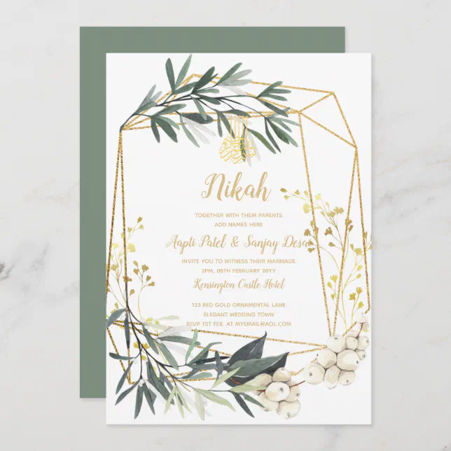 Nikah - Gold Greenery Islamic Motif Wedding Invite | Zazzle
