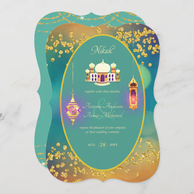 NIKAH - Ornate Mosque Teal Gold Wedding Invitation | Zazzle