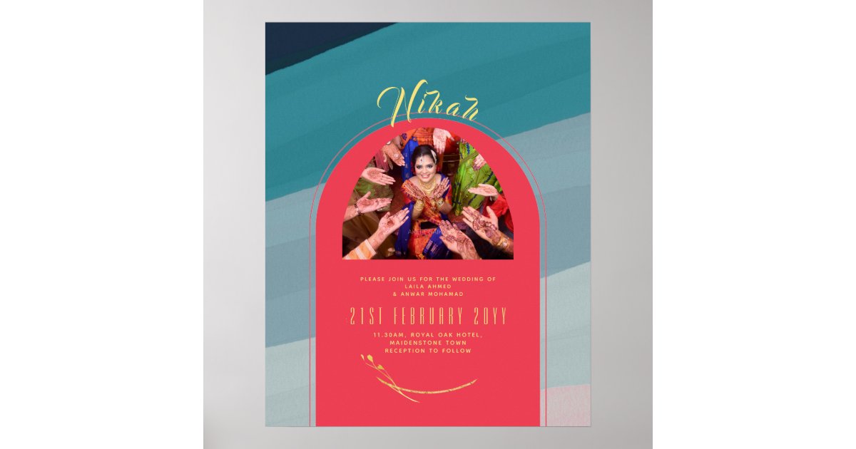 NIKAH Wedding Announcement Photo red gold Poster | Zazzle