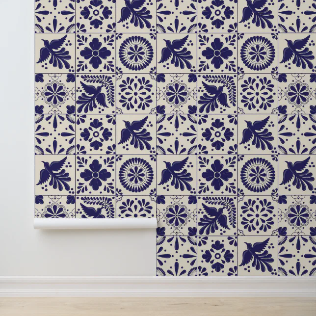 Nile Blue Linen Mexican Traditional Talavera Tiles Wallpaper | Zazzle