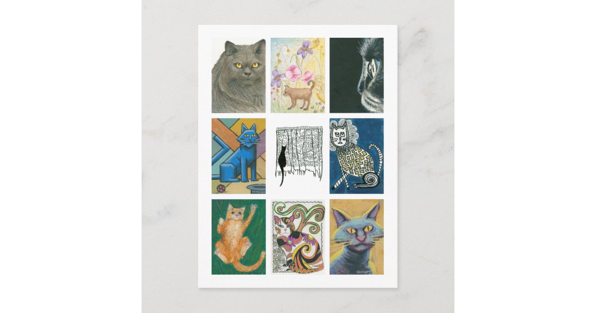 Nine Cats Multiple Artists Illustration Postcard | Zazzle