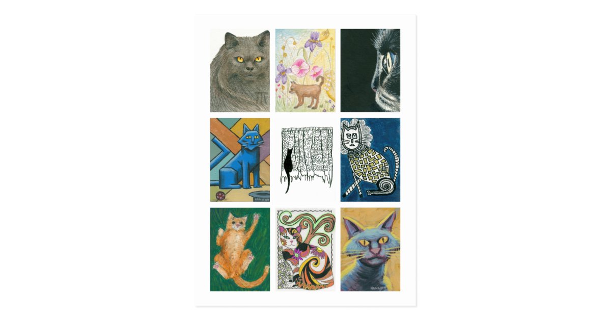 Nine Cats Multiple Artists Illustration Postcard | Zazzle.com