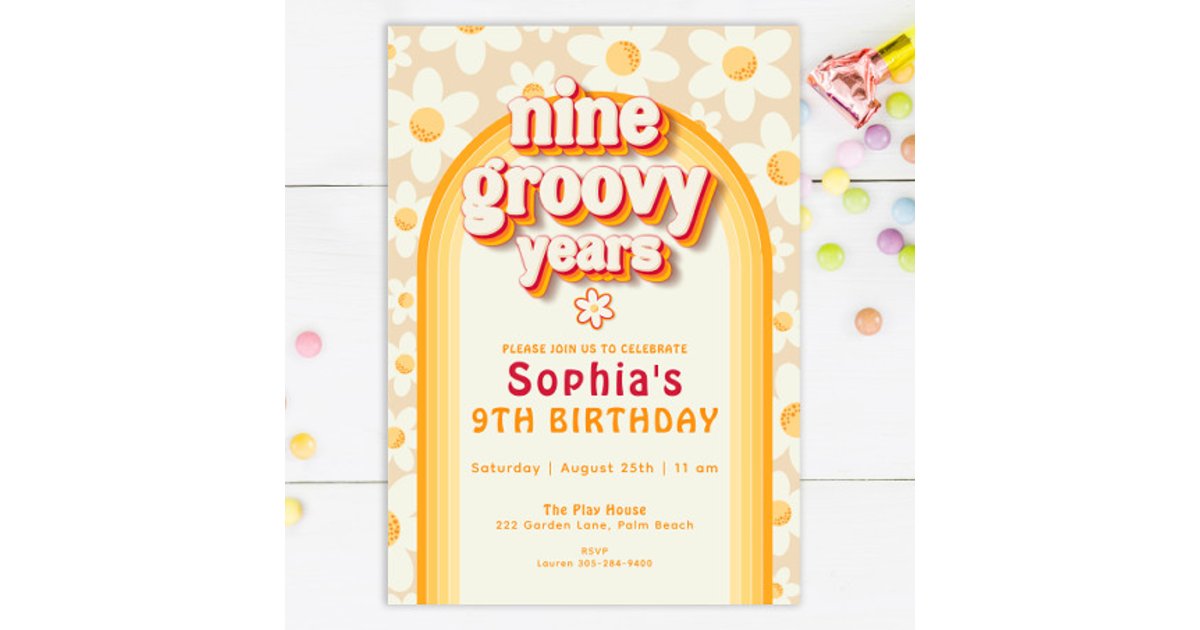 Nine Groovy Years 9th Birthday Invitation | Retro | Zazzle