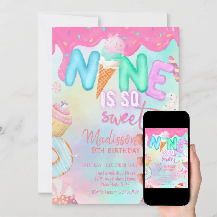 nine is so sweet invitation | Zazzle