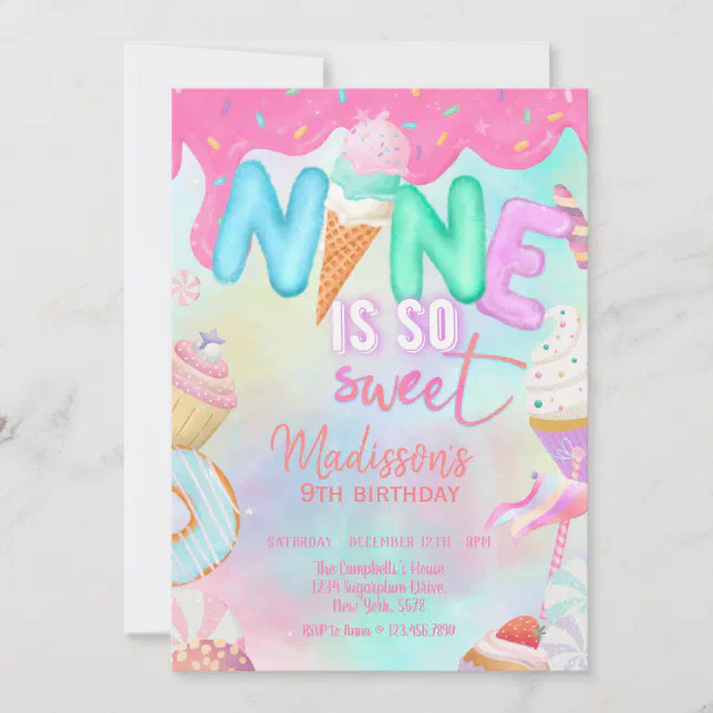 nine is so sweet invitation | Zazzle
