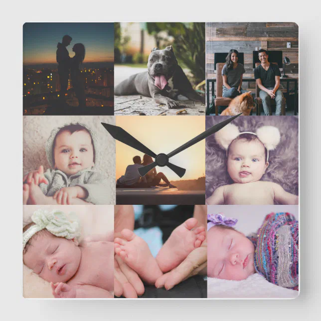 Nine Photo Collage Template Square Wall Clock | Zazzle