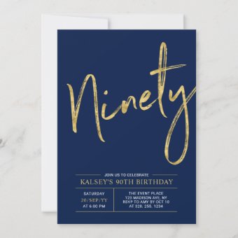 Ninety | Gold & Navy Blue 90th Birthday Party Invitation | Zazzle