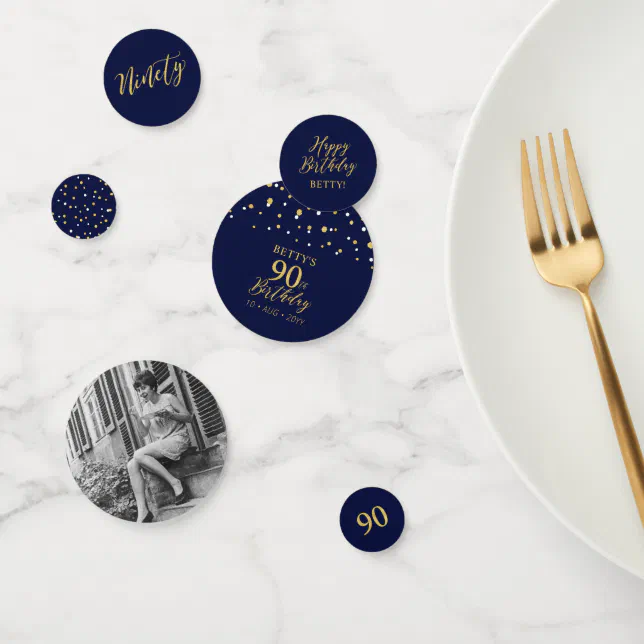 Ninety Gold & Navy Confetti 90th Birthday Party | Zazzle
