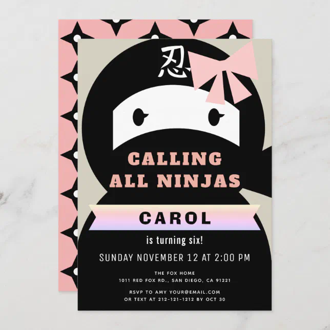 Ninja Pink & Black Girl Birthday Invitation | Zazzle
