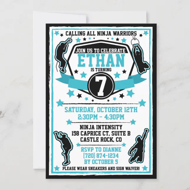 Ninja Warrior Boy Birthday Party Black & Teal Invitation | Zazzle