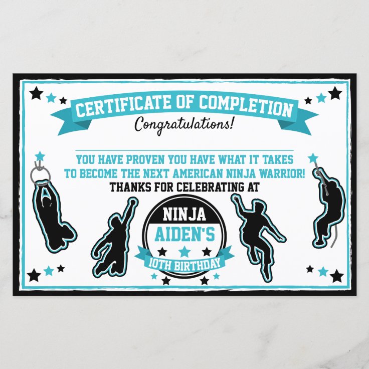 Ninja Warrior Boys Party Certificate of Completion | Zazzle