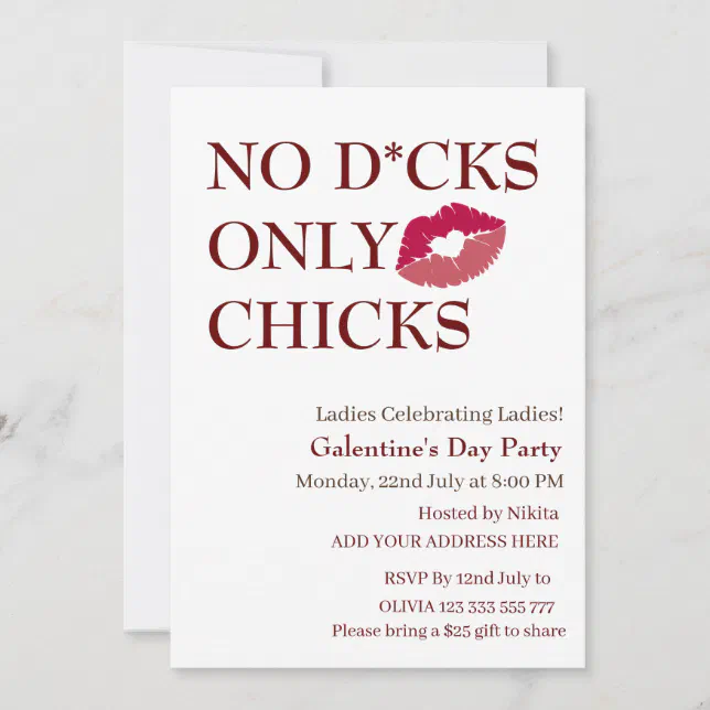 No D*cks Only Chicks Galentine's Day Ladies Night Invitation | Zazzle