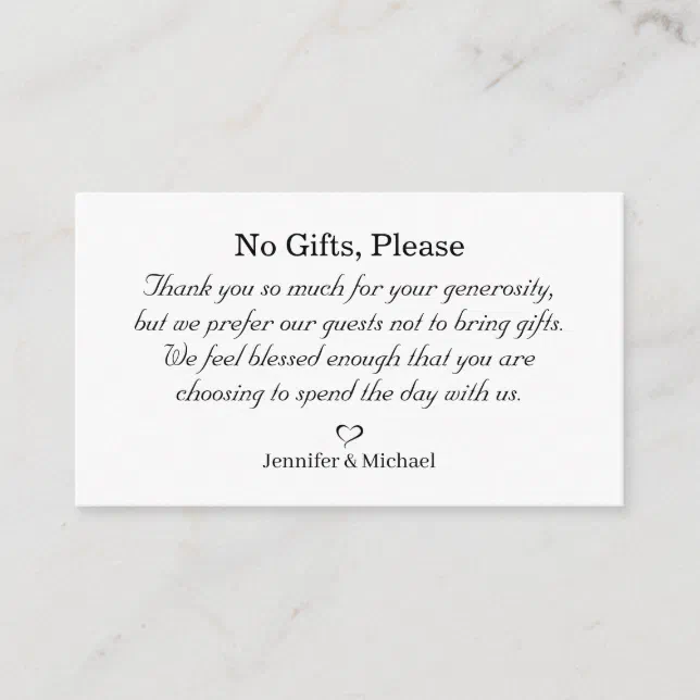 no gifts please, note on wedding gifts minimalist enclosure card | Zazzle