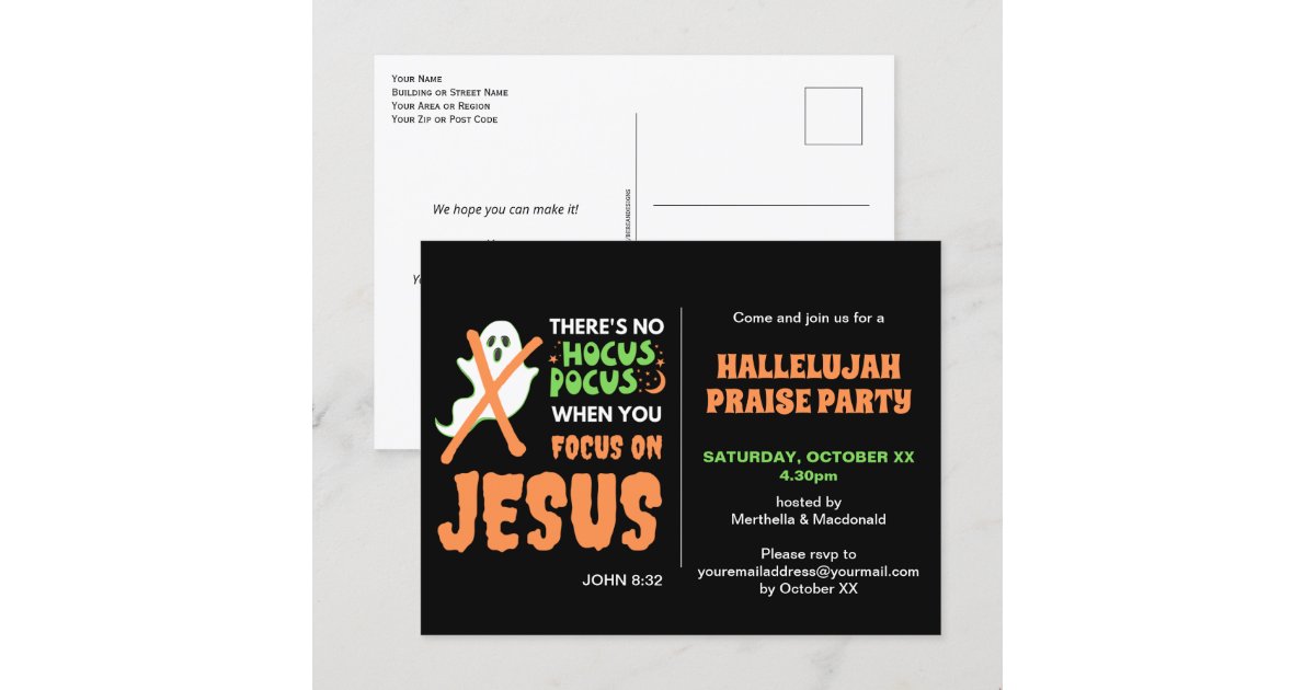 NO HOCUS POCUS Christian Halloween Invitation Postcard | Zazzle