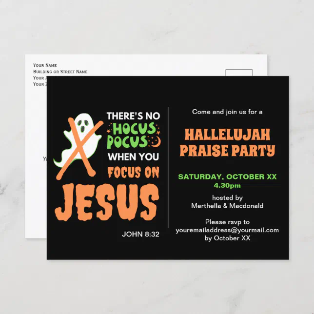 NO HOCUS POCUS Christian Halloween Invitation Postcard | Zazzle