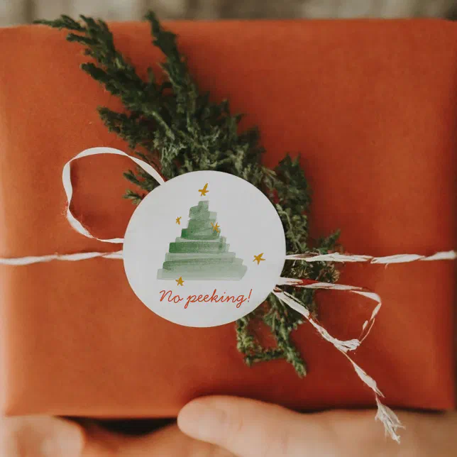 No Peeking Starlit Watercolor Christmas Tree Classic Round Sticker | Zazzle