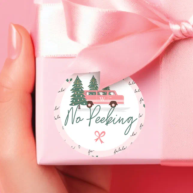 No Peeking Vintage Pink Christmas Van Classic Round Sticker | Zazzle