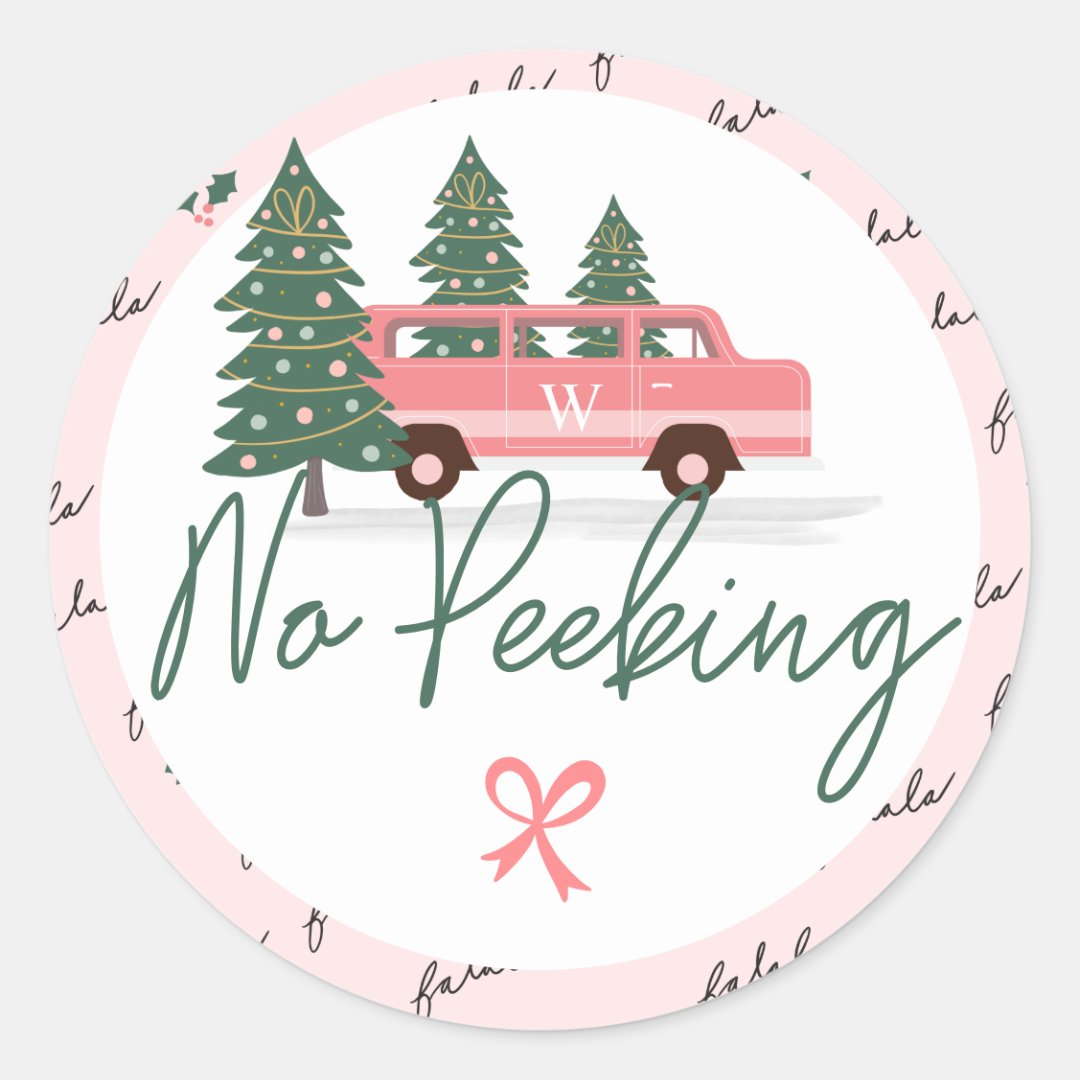 No Peeking Vintage Pink Christmas Van Classic Round Sticker | Zazzle