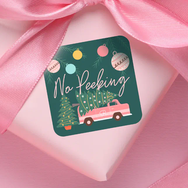 No Peeking Vintage Pink Christmas Van Green Square Square Sticker | Zazzle