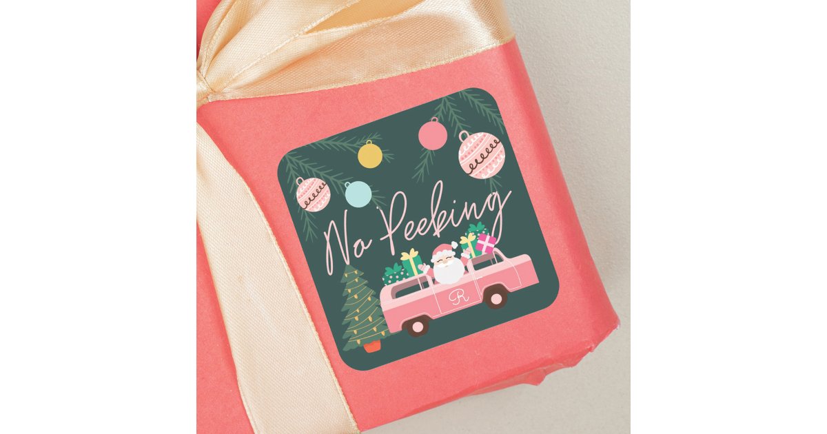 No Peeking Vintage Pink Christmas Van Santa Square Sticker | Zazzle