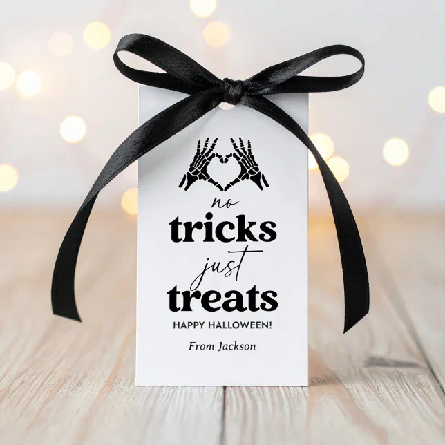 No Tricks Just Treats Skeleton Hands Halloween Fav Gift Tags | Zazzle