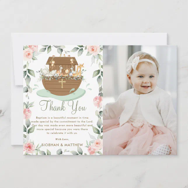 Noah's Ark Pink Floral Girl Baptism Christening Thank You Card | Zazzle