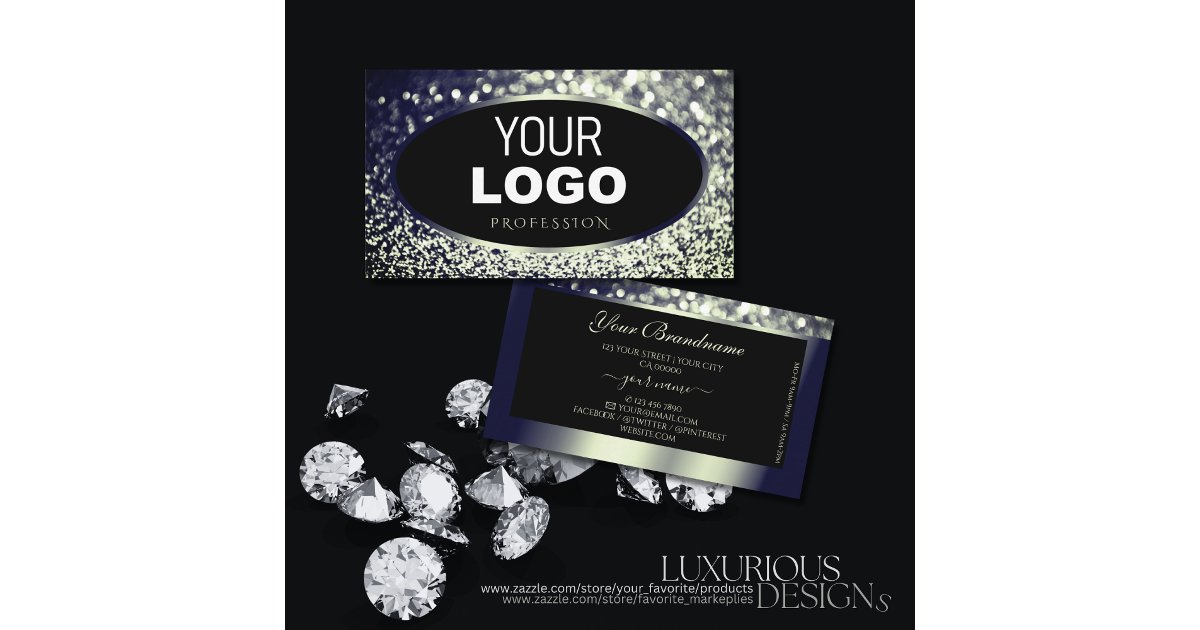 Noble Black Blue Silver Sparkle Glitter Add Logo Business Card | Zazzle