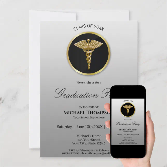 Noble Gold Caduceus Medical Graduation Invitation | Zazzle