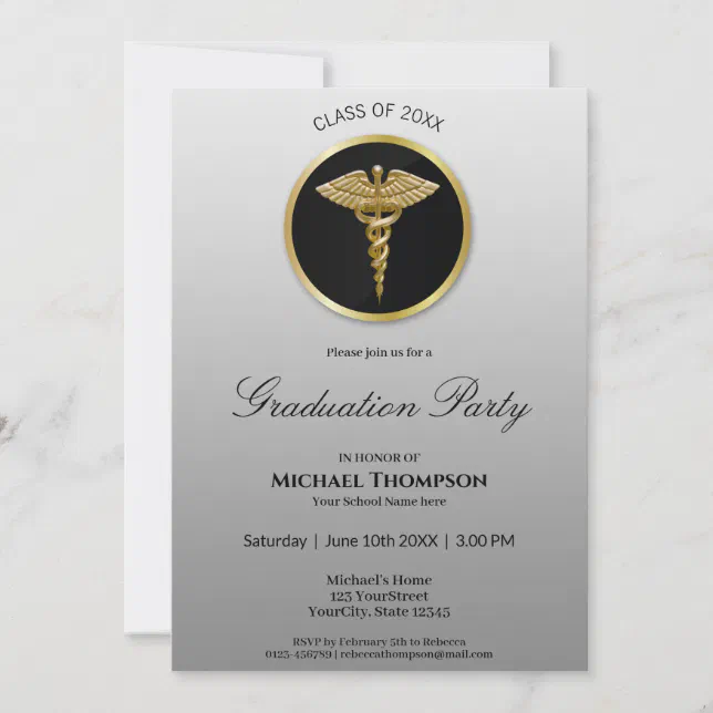 Noble Gold Caduceus Medical Graduation Invitation | Zazzle