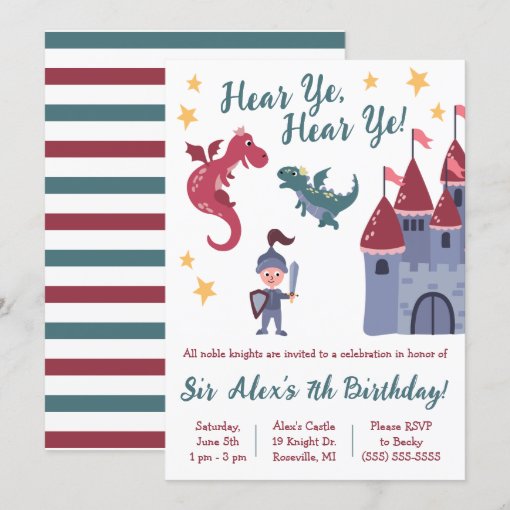 Noble Knight, Dragon, Castle Themed Birthday Party Invitation | Zazzle