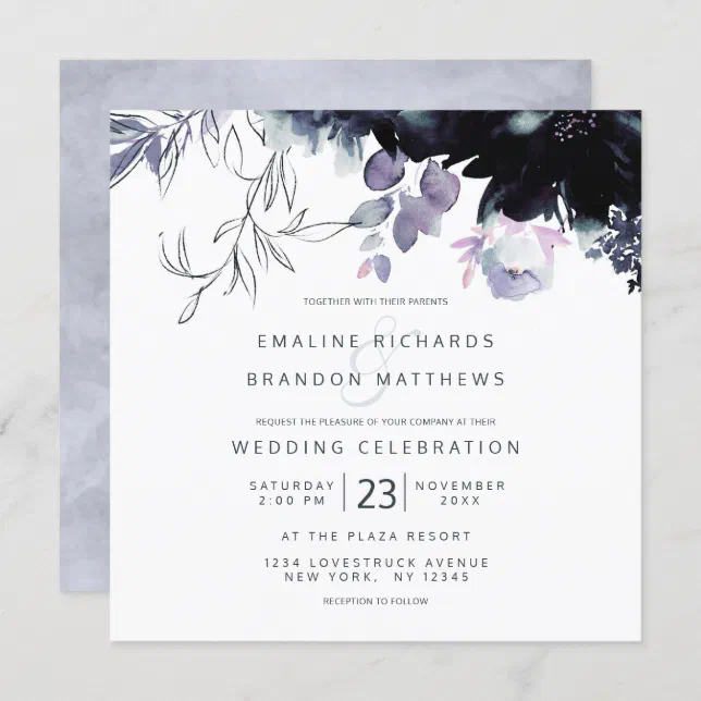 Nocturnal Floral Dusty Blue Square Wedding Invitation | Zazzle