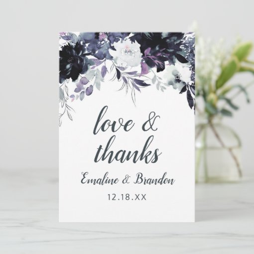 Nocturnal Floral Navy Blue Wedding Love and Thanks Thank You Card | Zazzle