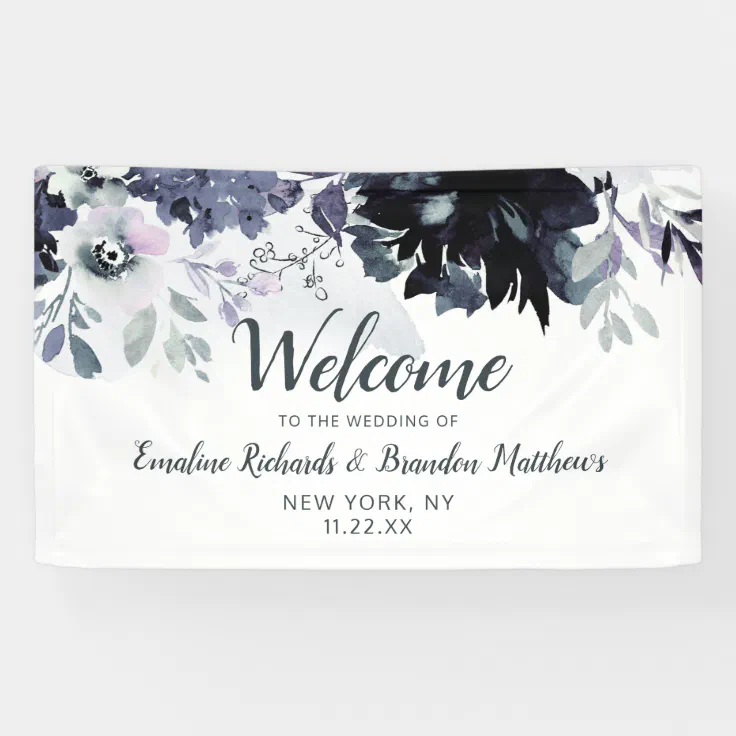 Nocturnal Floral Navy Watercolor Wedding Welcome Banner | Zazzle