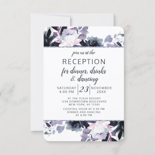 Nocturnal Floral Silver Frame Wedding Reception Invitation | Zazzle