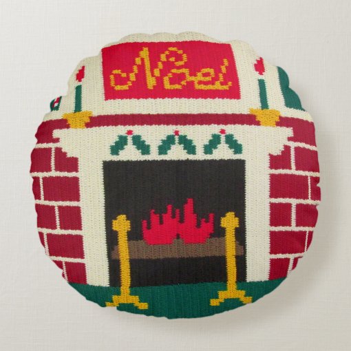 Noel Holly Brick Fireplace Designer Crochet Print Round Pillow | Zazzle